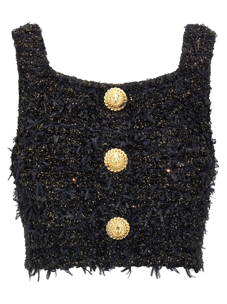 Balmain Cropped Top In Tweed Fabric In Black | ModeSens