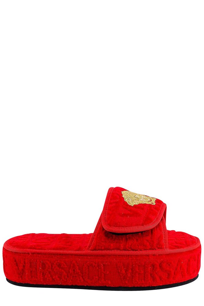 Versace Logo Monogram Platform Slides In Red | ModeSens