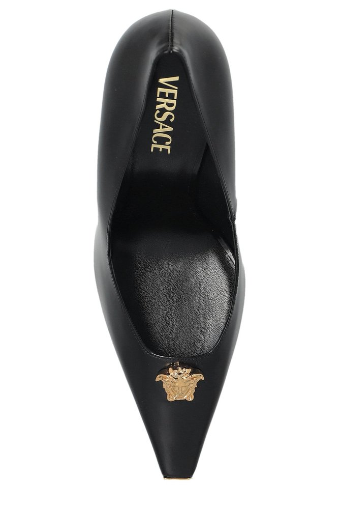 Toe Dsw Black Patent Leather Pumps Versace Logo Pump In Black Lyst