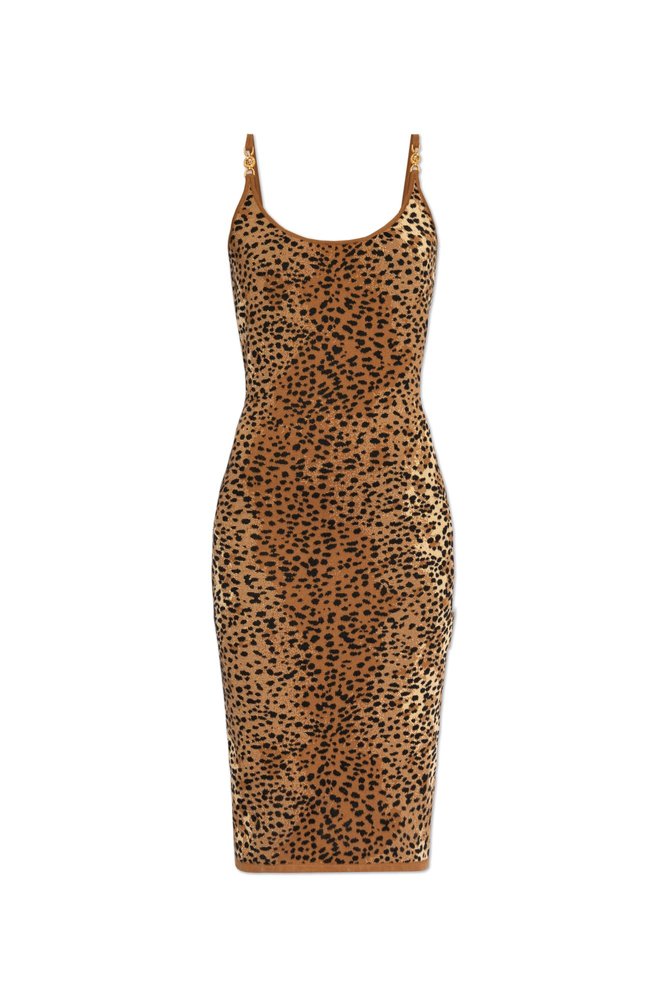 Versace Leopard Jacquard Midi Dress In Brown | ModeSens