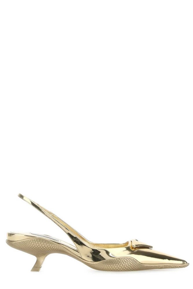 Prada Leather Slingback Logo Pumps In Gold | ModeSens