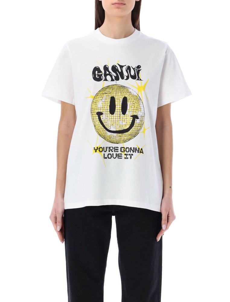 Ganni Crewneck Smiley Tee In Bright White | ModeSens